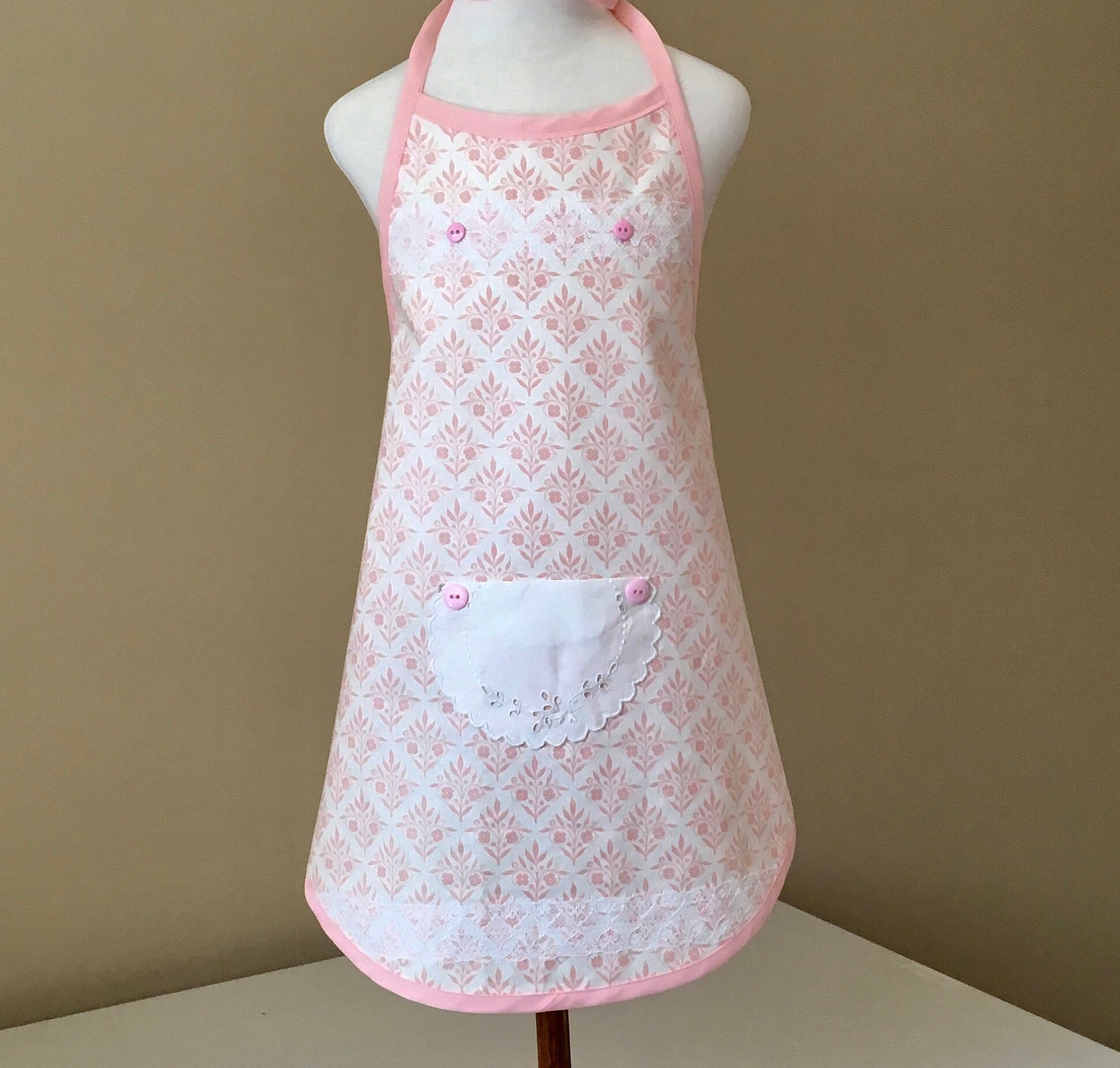 Girl's Pink and White Floral Apron / Girl's Apron Size 5-6