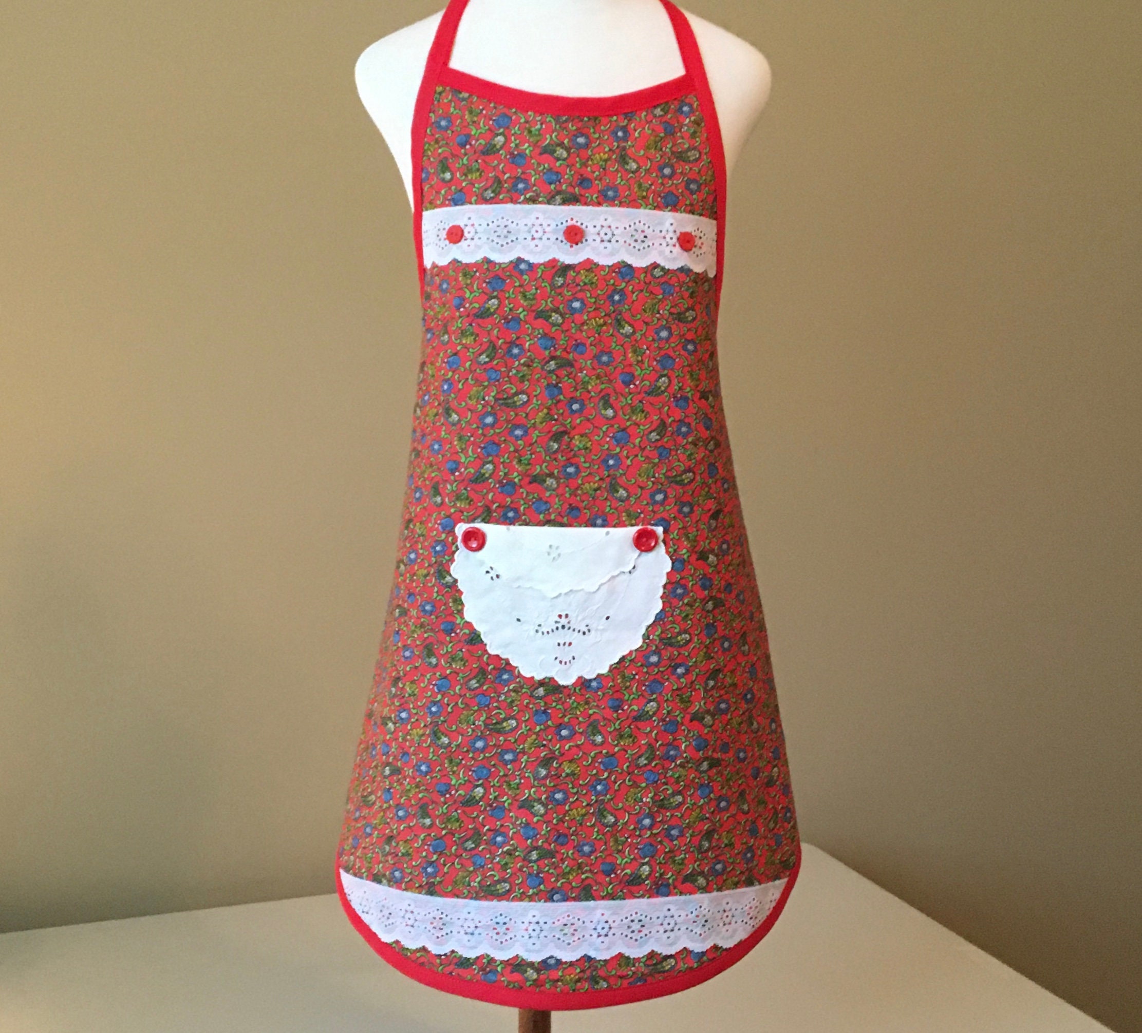 Blue Flowers on Red Girl's Apron / Apron for Girls Size 5-6
