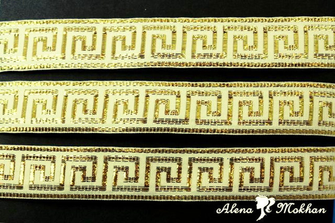 5 Yards 7/8" Gold Greek Key on Ivory Background Woven Grosgrain Ribbon ...