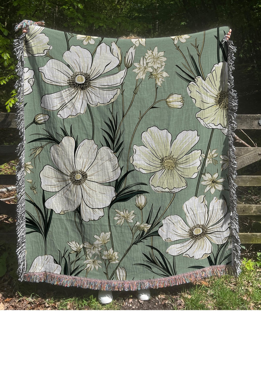 Wildflower Cottagecore Blanket Floral Decor, Vintage White Flower Boho ...