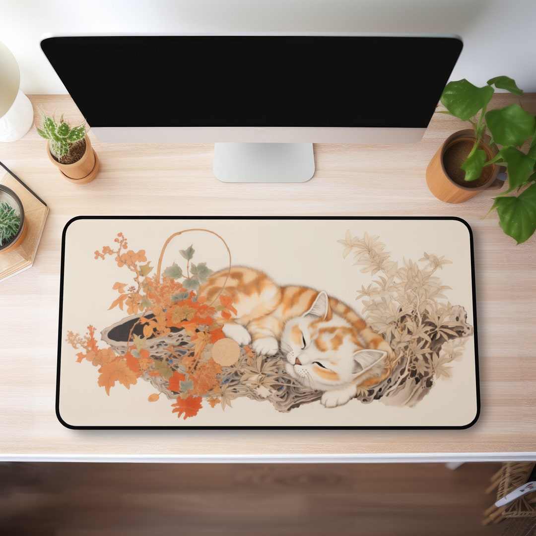 Tabby Cat XL Desk Mat, Vintage Hoji Art Style, Japanese Art Inspired ...