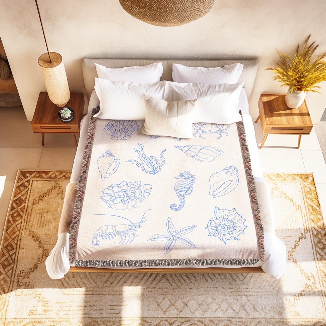 Sea Shell Woven Summer Blanket Soft Throw for Beach Cabin Decor Coastal ...