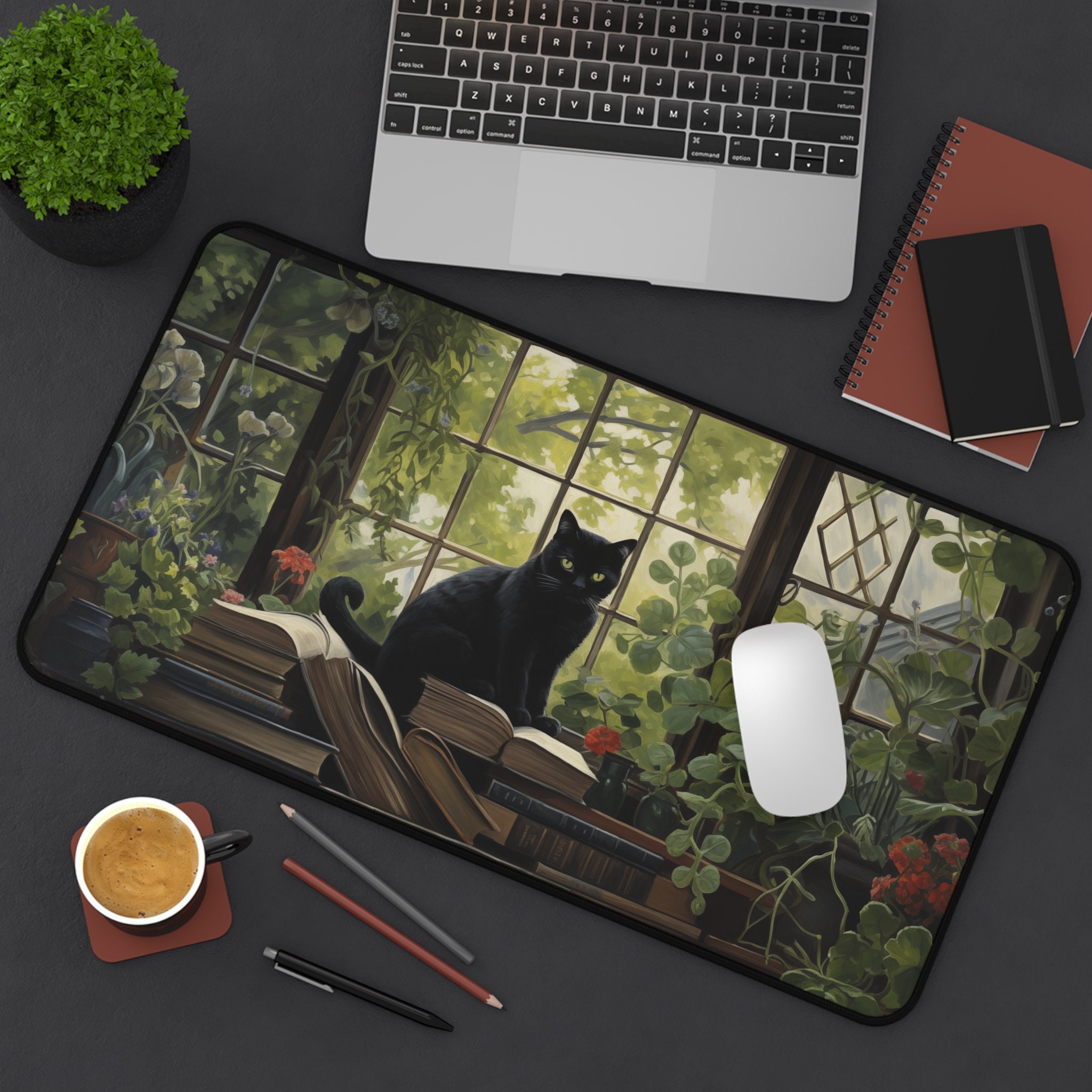 Cottagecore Cat Desk Mat, Black Cat Mouse Pad, Cat Vintage Aesthetic ...
