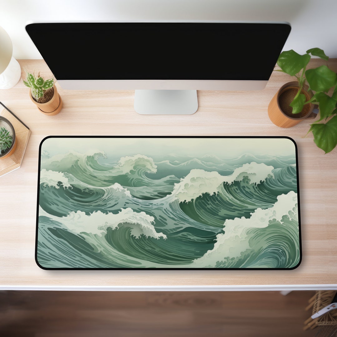 Kawaii Waves Desk Mat Sage Green Gaming Mouse Pad Large Mousepad Anime ...