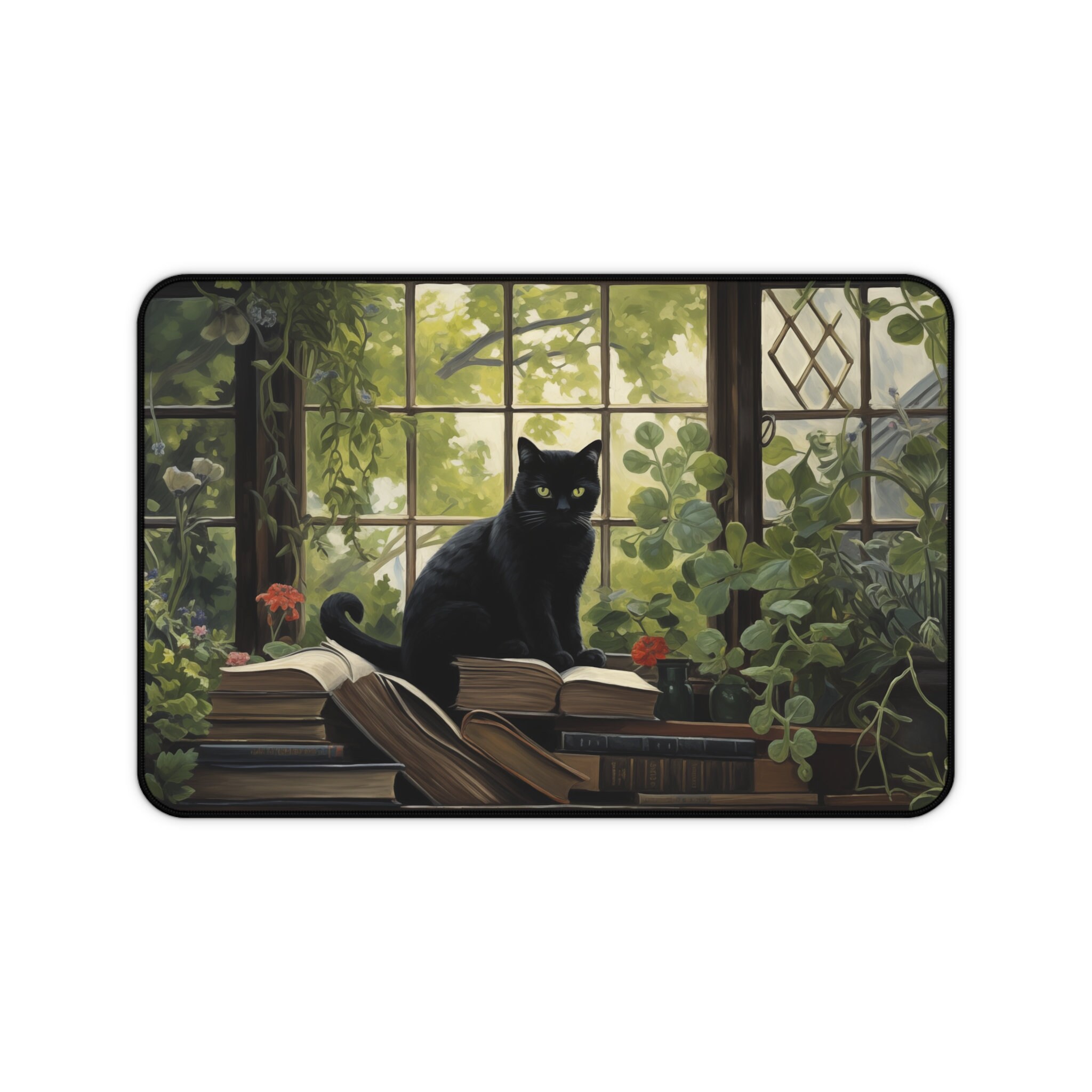 Cottagecore Cat Desk Mat, Black Cat Mouse Pad, Cat Vintage Aesthetic ...