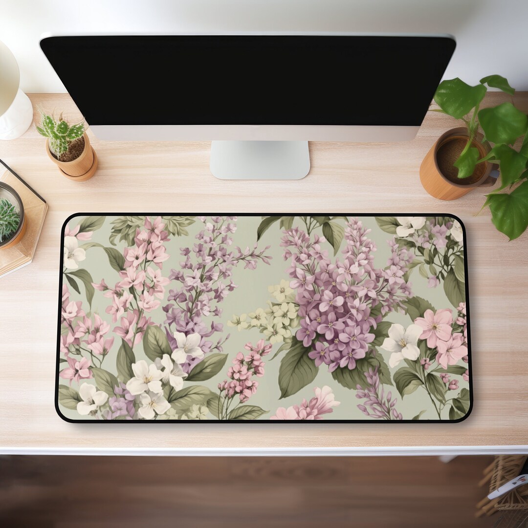 Cottagecore Desk Mat, Pink & Lilac Floral Style, Sage Green Botanical ...