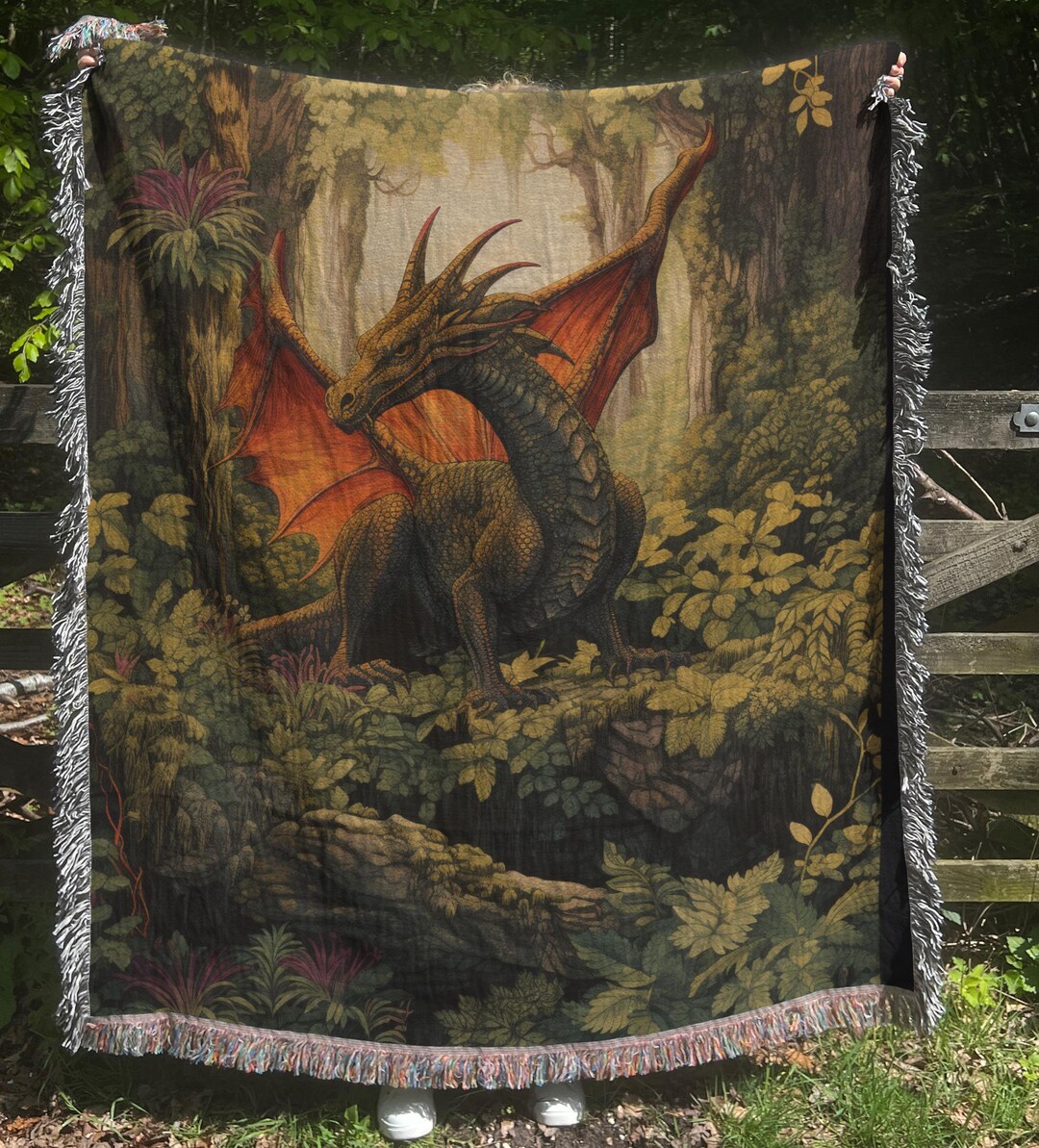 Cottagecore Woven Blanket, Dragon Fairytale Inspired Nursery Decor ...