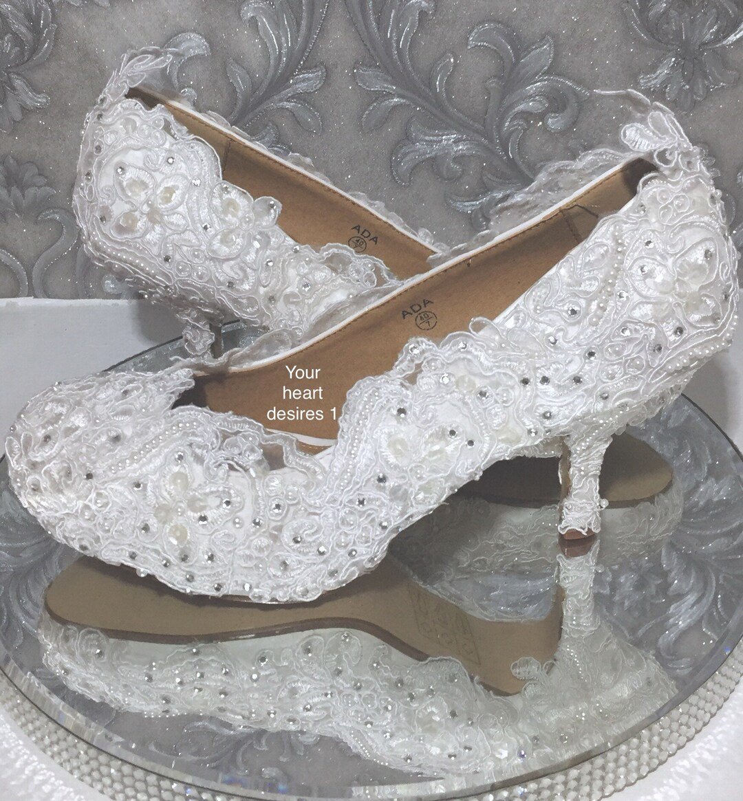 White Lace Shoes Wedding Pumps Pearl Crystals Wedding Shoes Bride ...