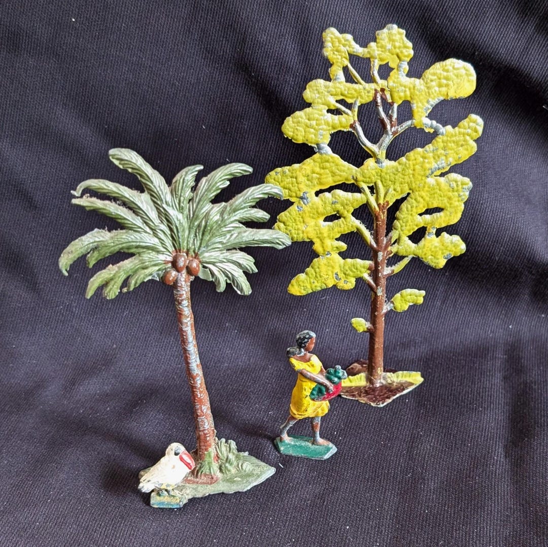 Two Tall Barclay Lead, Hand Painted Trees, and a Woman With a Basket of ...