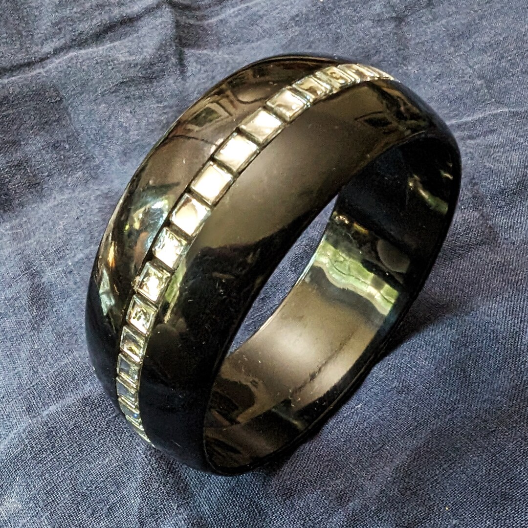 Black Plastic/resin Wide Bangle Bracelet With Inset Mirror Ball Reflect ...