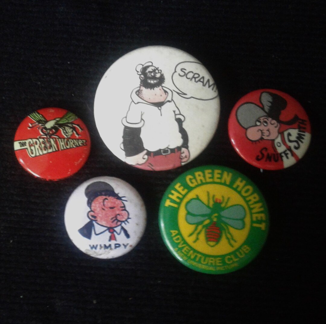 Five Cartoon Pinbacks. Green Hornet, Brutus, Wimpy, Snuffy Smith. 1950 ...