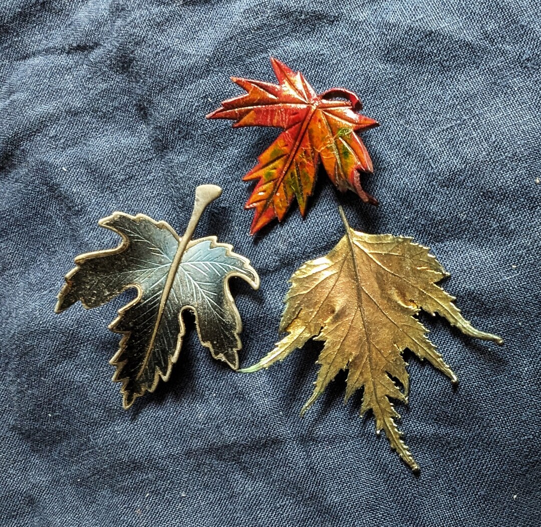 Three Fall Leaf Broches/pins. Two Metal, One Leather or Polymer. - Etsy