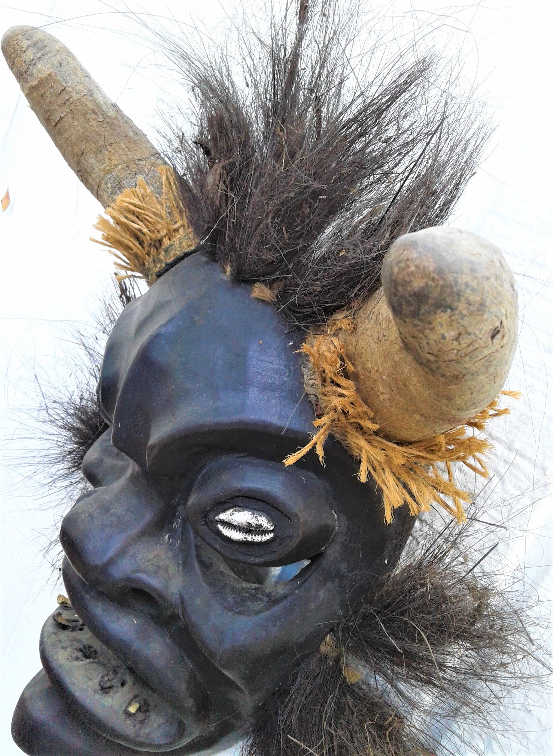 hair Borneo Evil Spirit Mask horns Carved wood Museum quality Cowrie ...
