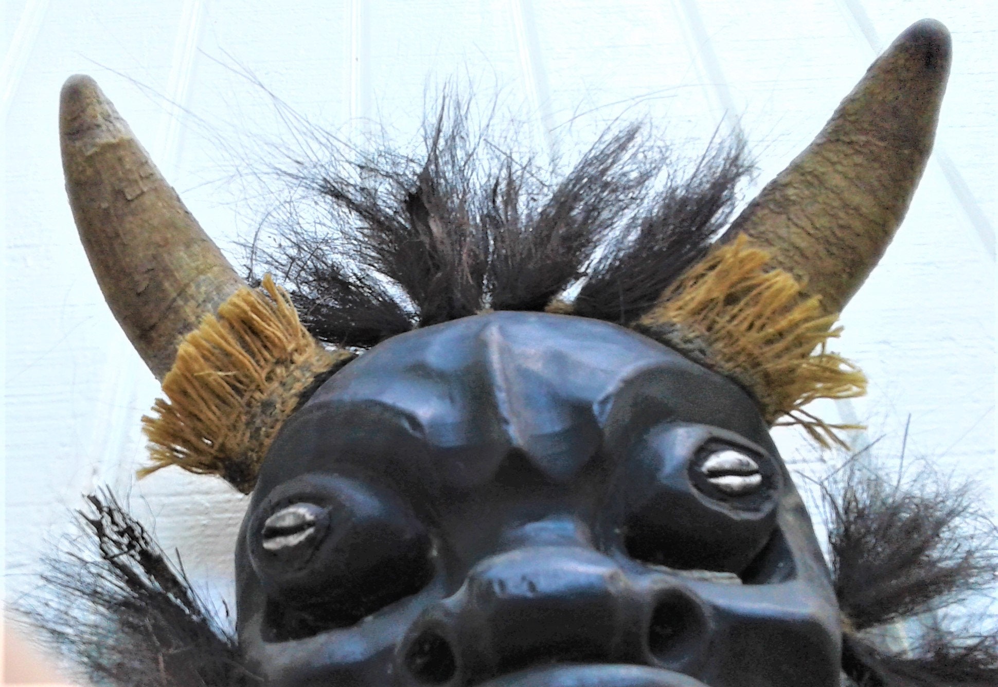 hair Borneo Evil Spirit Mask horns Carved wood Museum quality Cowrie ...