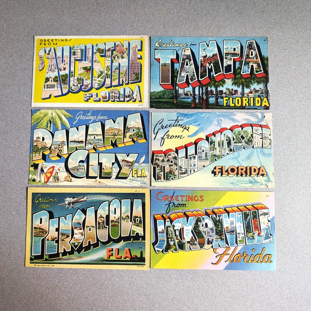Big Letter Linen Postcards. 6 Florida Cities. 1940's. Pensacola/tampa ...