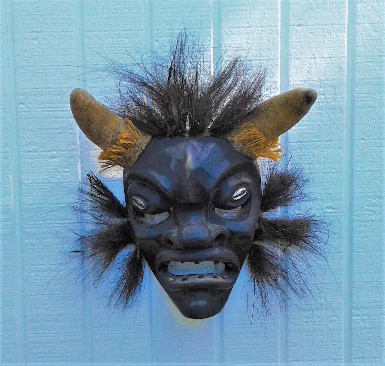 hair Borneo Evil Spirit Mask horns Carved wood Museum quality Cowrie ...