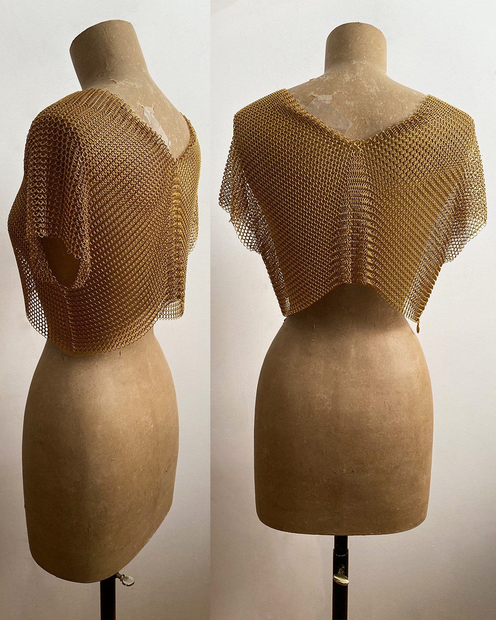 Falconiere Crop Tee - Brass Chainmail V Neck Top - Made to Order 3-6 ...
