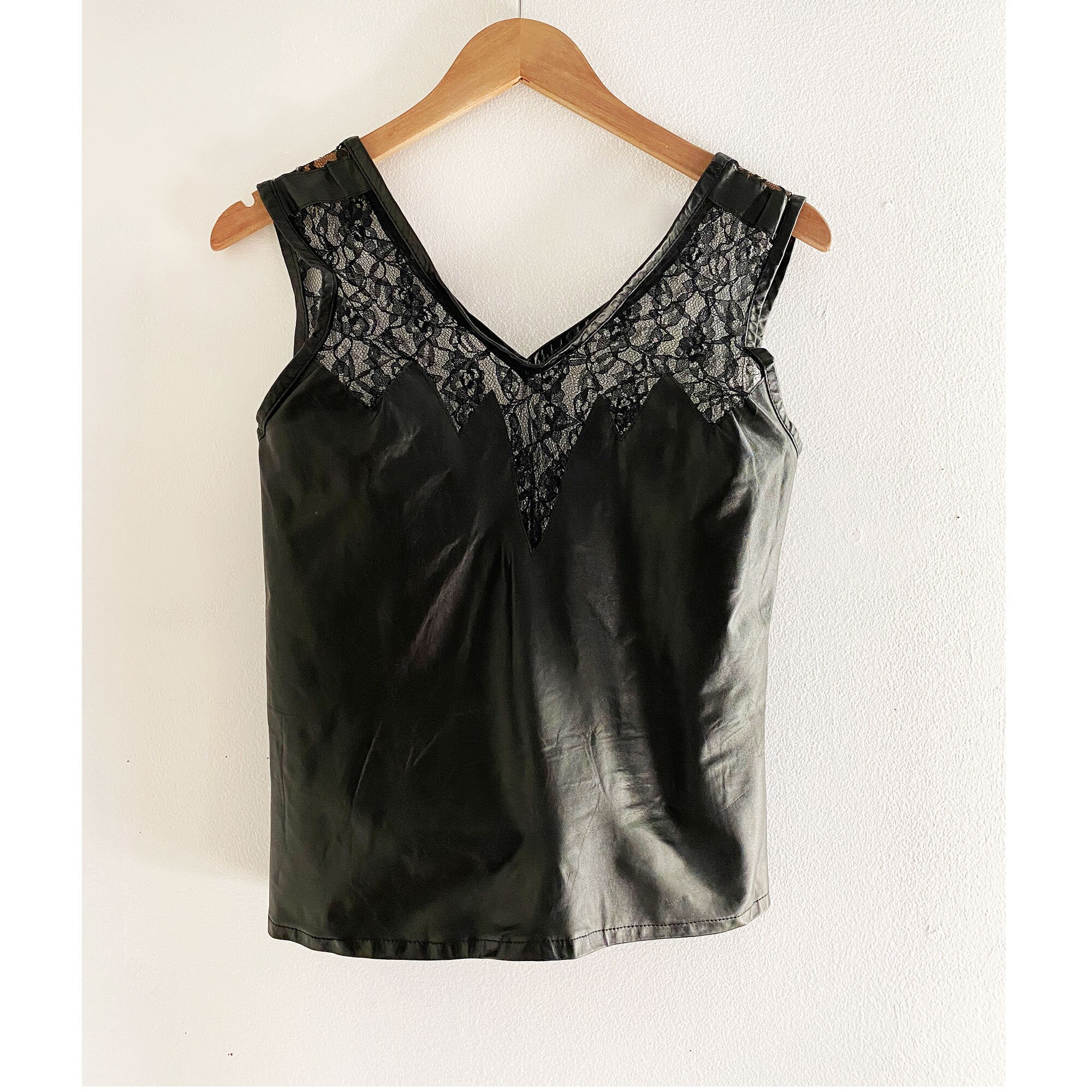 80s Black Leather & Lace Flame Top Deep V Sheer Back Tee Illusion ...