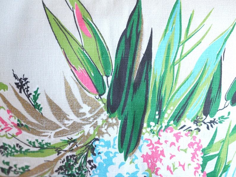Vintage 1960s Barkcloth Fabric, Tropical Floral Metallic Accents (45x78 ...