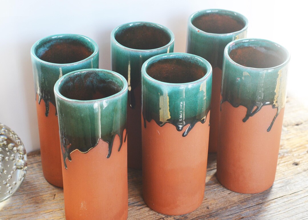 Vintage Green Drip Glaze Tumblers on Terracotta, Southwestern Artisan ...