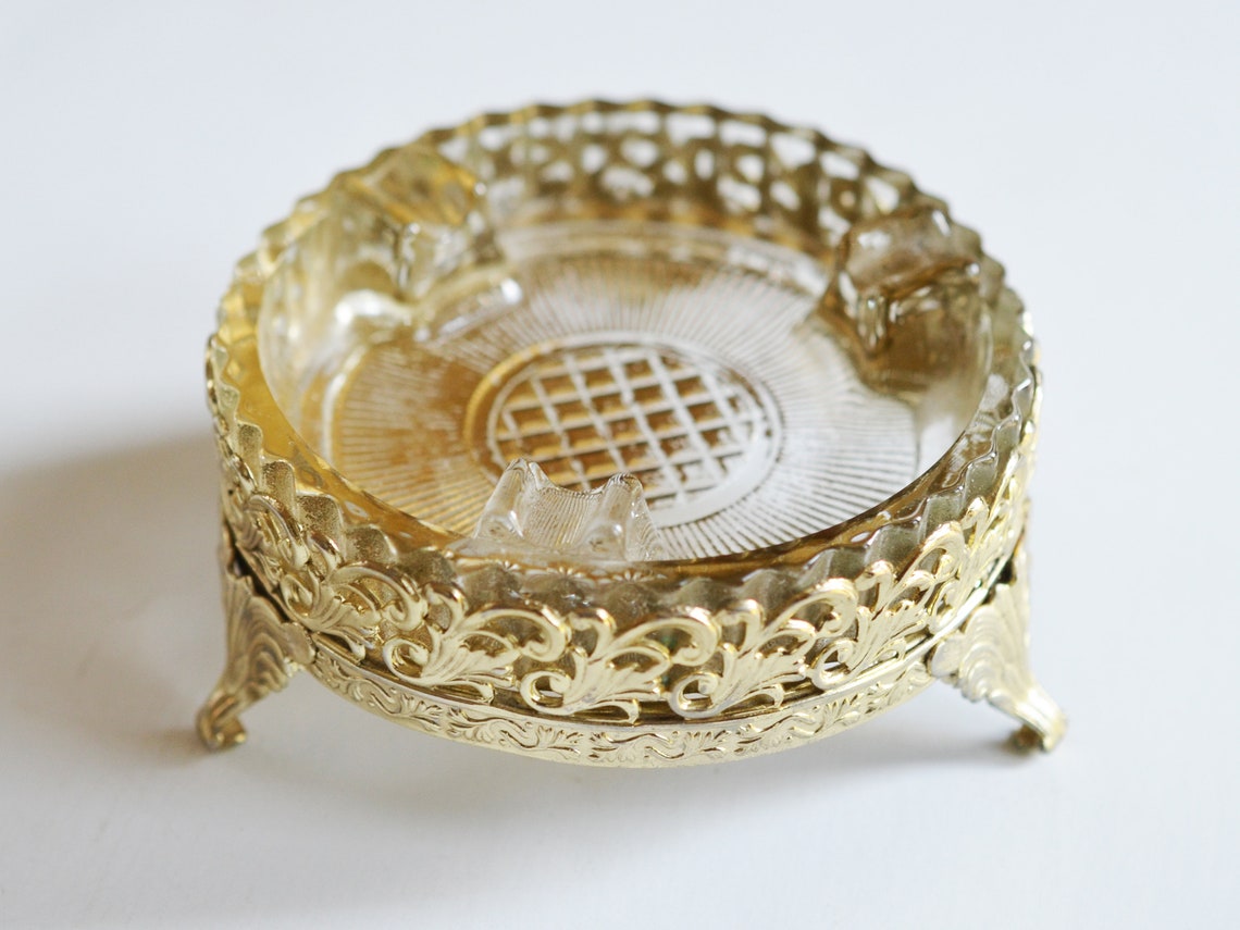 Vintage Ormolu Ashtray Leaded Cut Glass Insert Hollywood - Etsy