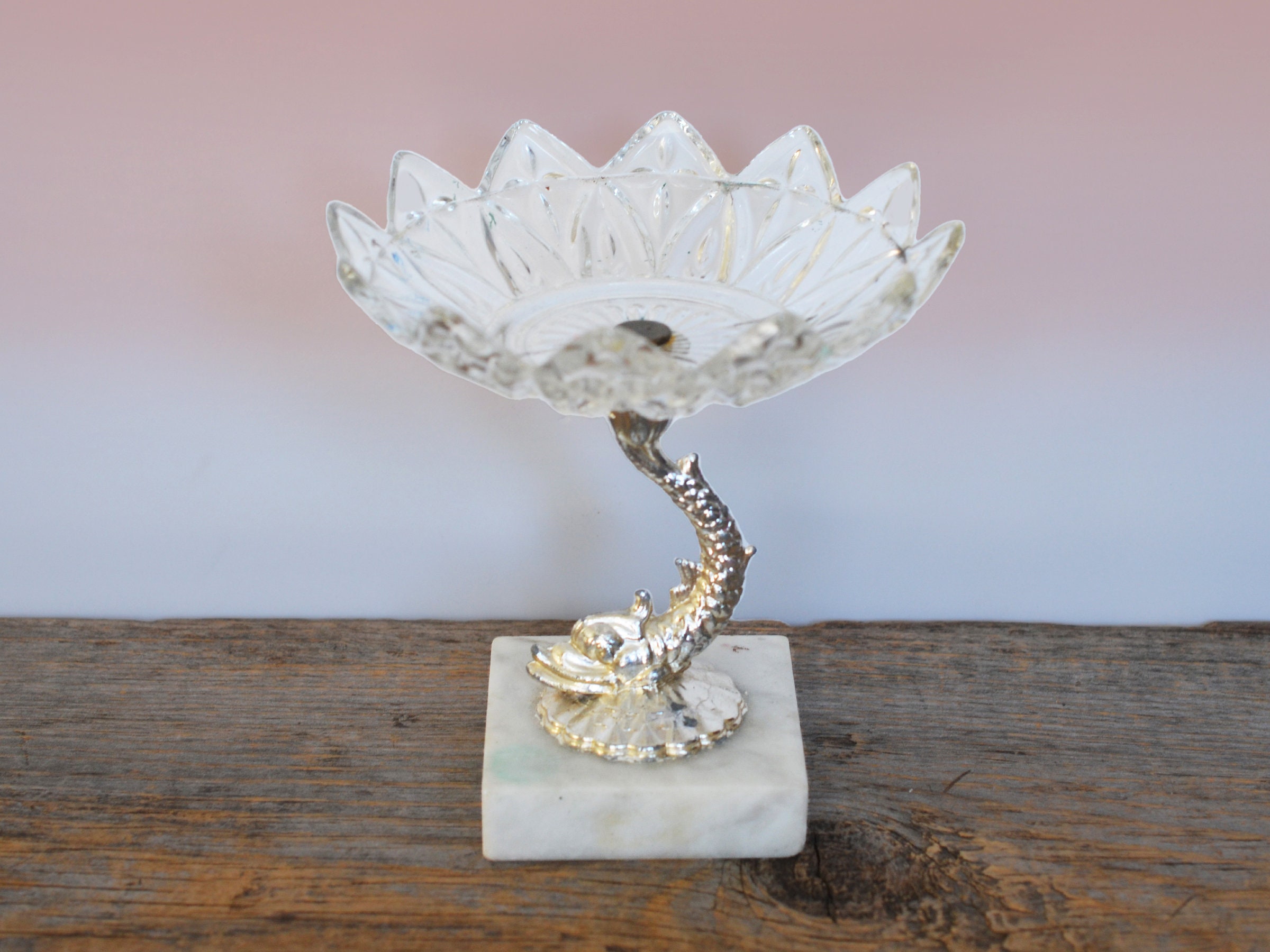 Vintage Dolphin Compote, Glass and Marble Trinket Dish With Metal ...