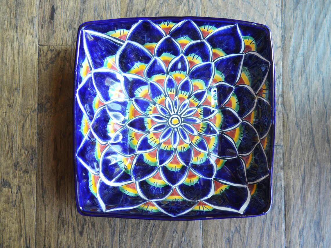 Vintage Mexican Talavera Square Pottery Bowl Circa 1980s, 11.5" Across ...