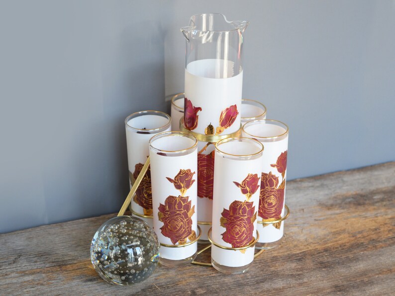 Vintage Fred Press Barware Frosted Roses Cocktail Set with | Etsy