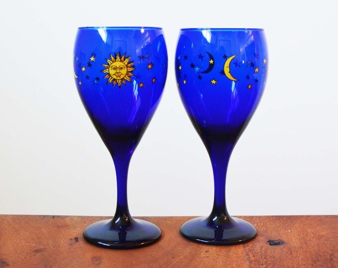 Vintage Libbey Cobalt Blue Celestial Wine Glasses, Set of 2 - Sun, Moon ...