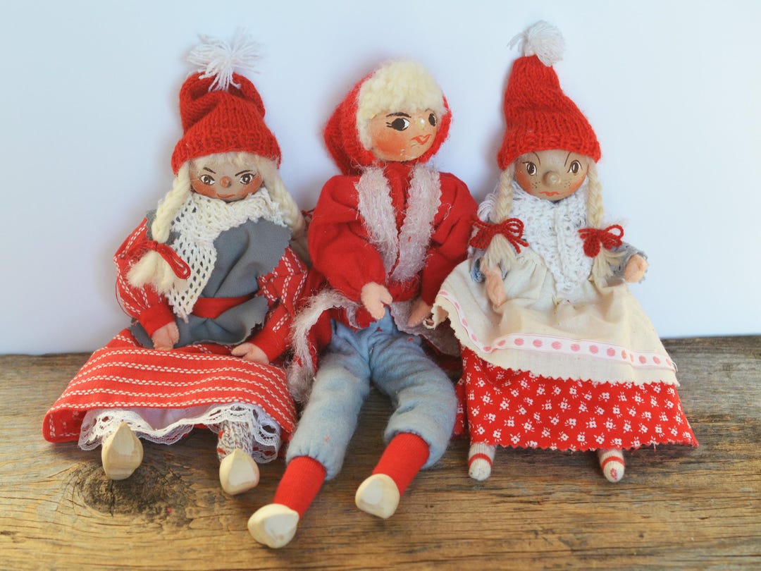 Vintage Danish Set of 3 Dolls, Nisse Santa's Helpers, Wood Painted ...