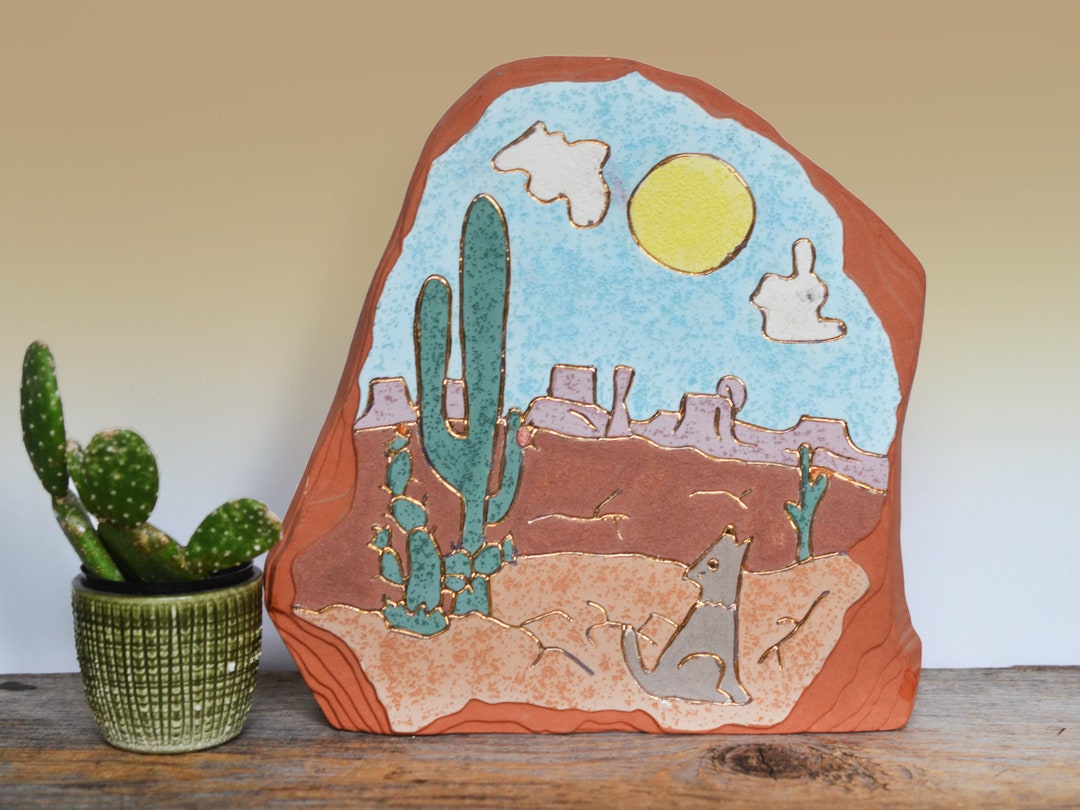Vintage Southwestern Art Pottery, Mountains Coyote and Cactus Scenery ...