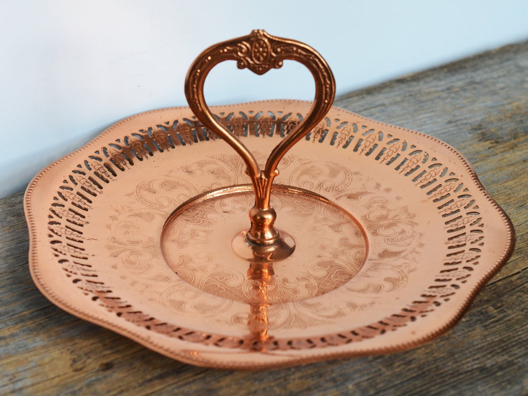 Vintage Copper Dainty Tray, 9.5" Round Dessert Tray With Handle, Made ...