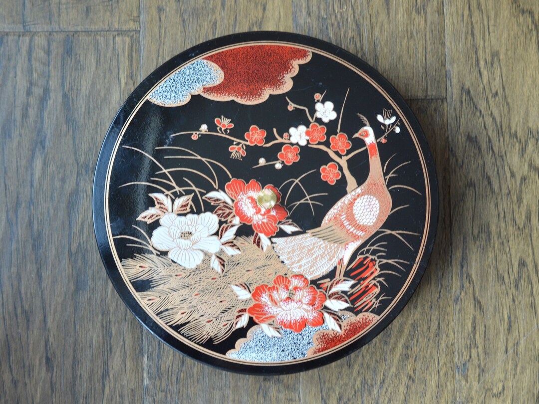 Vintage Japanese Black Lacquer Candy Box, Peacock Theme, Divided Round ...