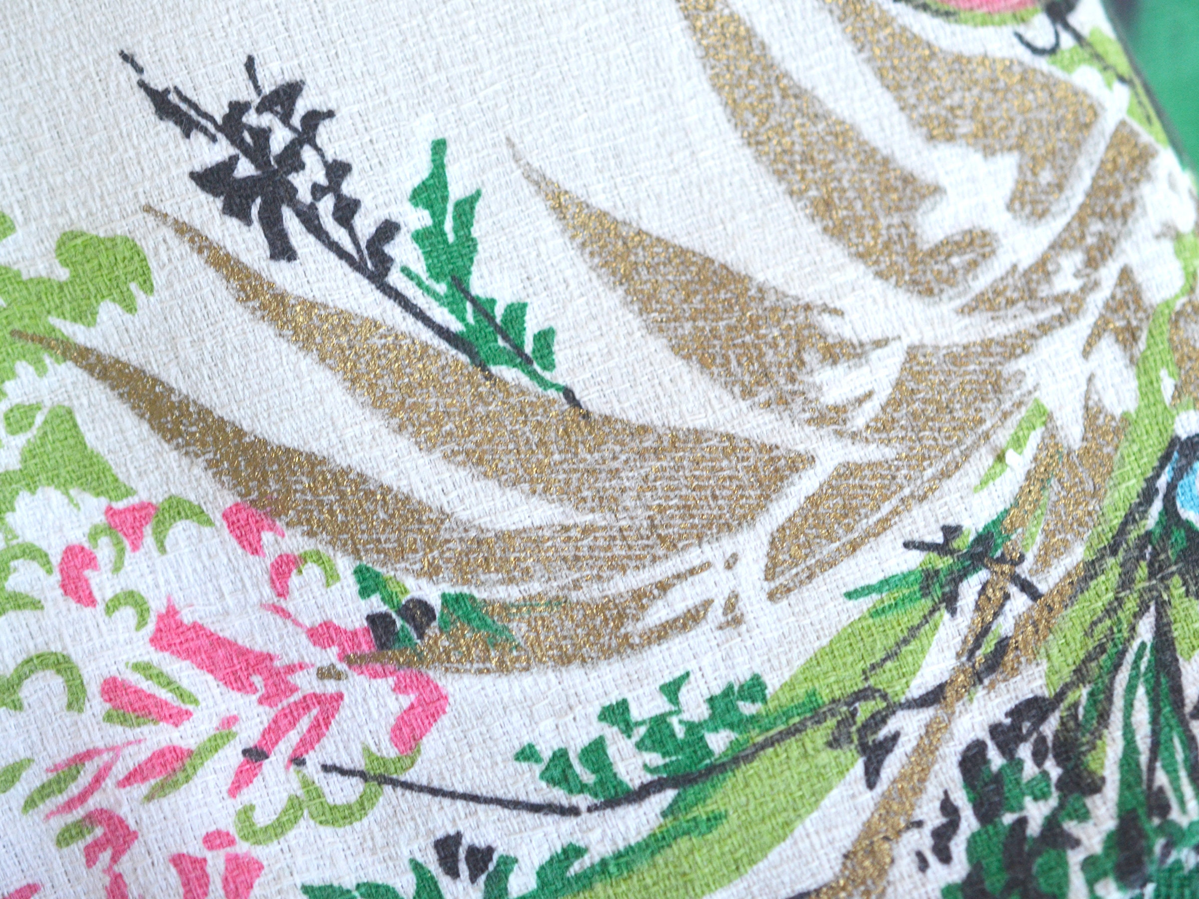 Vintage Barkcloth Tropical Fabric, Leaves and Florals With Metallic ...