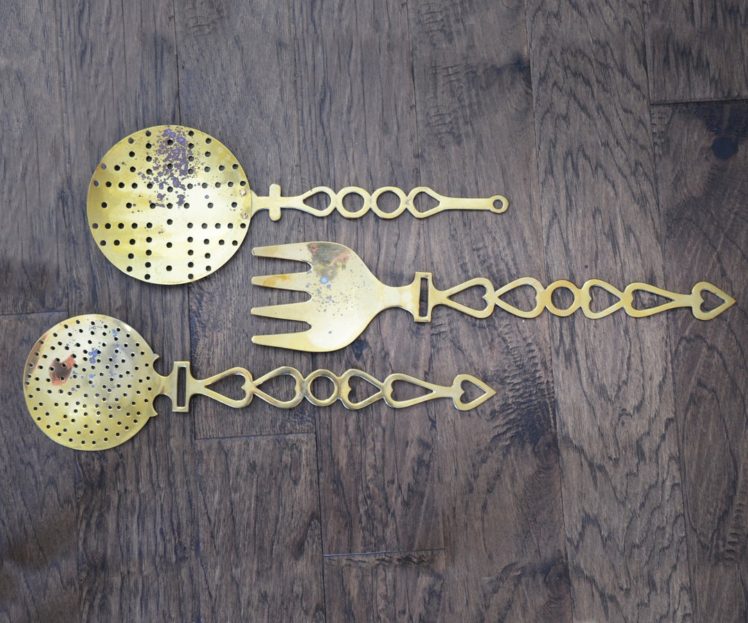 Vintage Extra Large Brass Kitchen Fork and Slotted Spoons, Wall ...