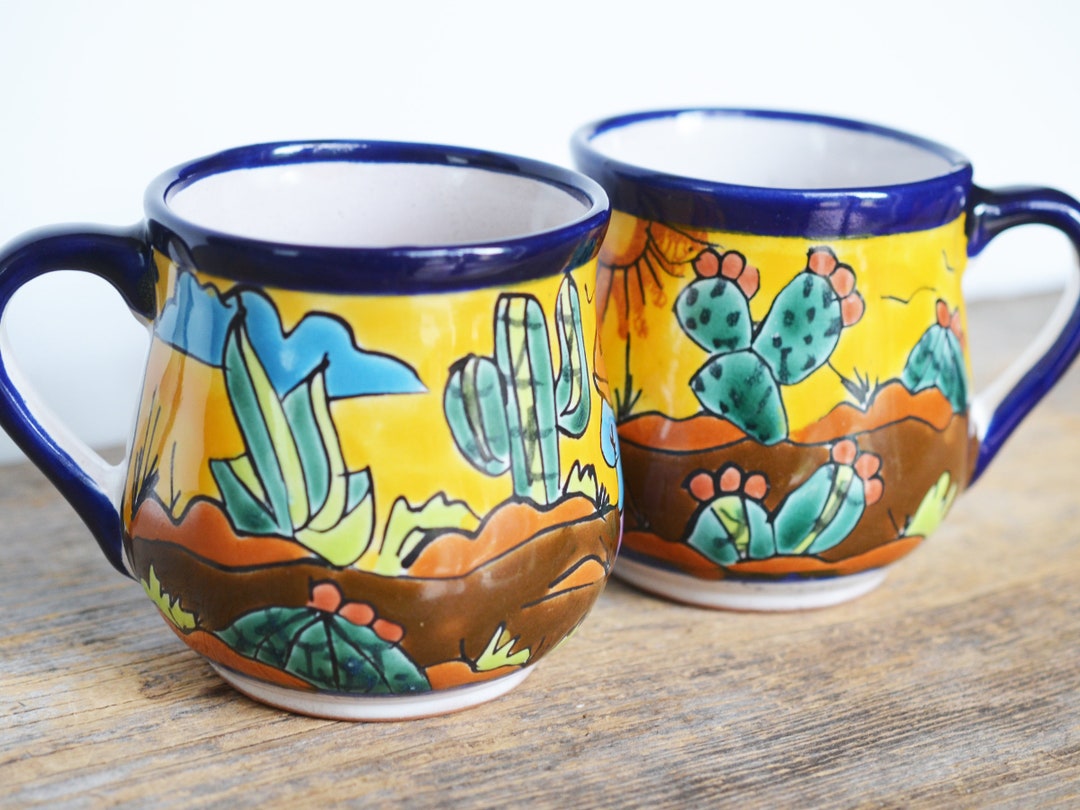 Vintage Talavera Mexican Coffee Mugs, Red Clay Painted Pottery Mugs ...