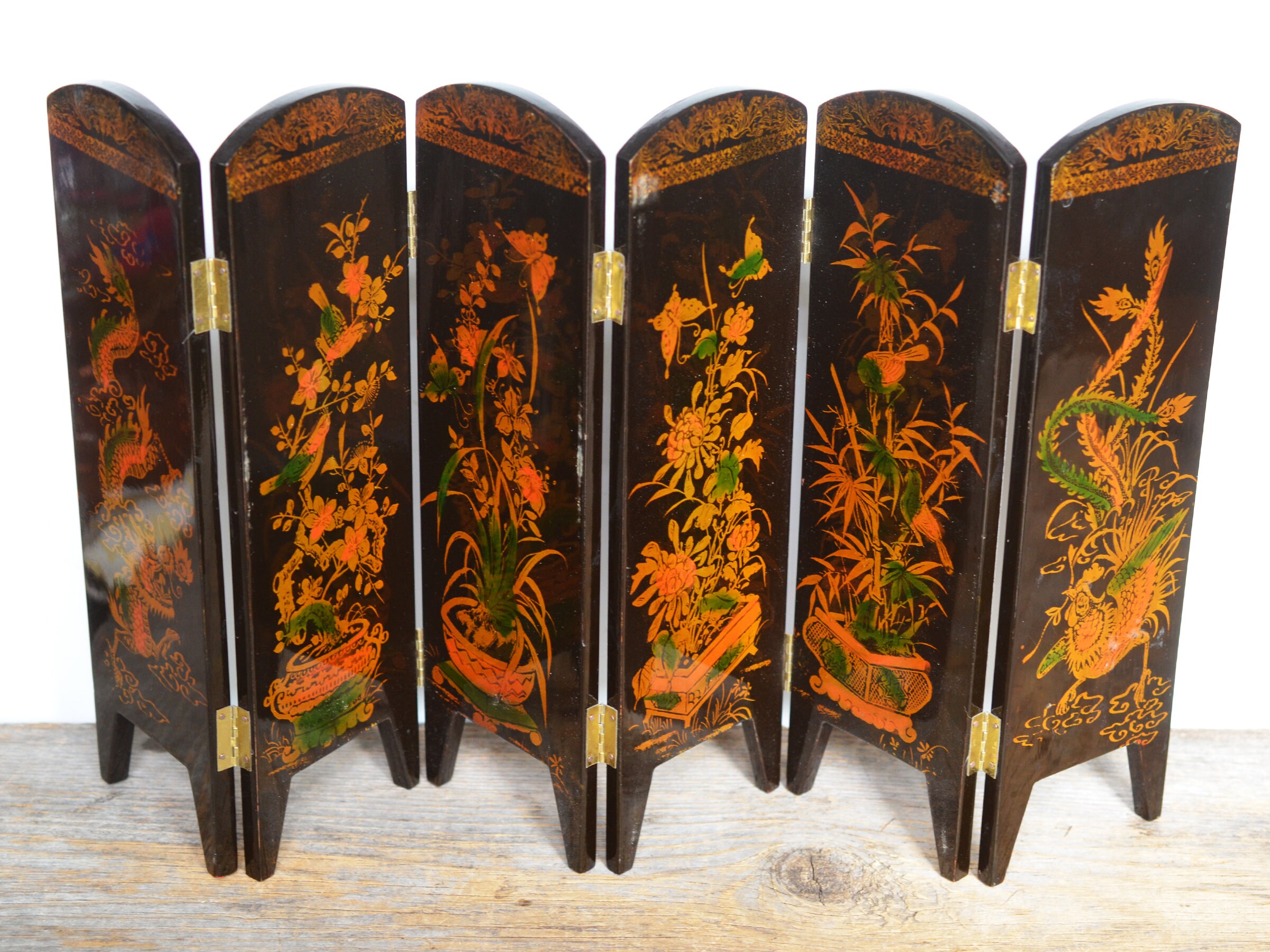 Vintage Asian 6-panel Mini Divider, Black Lacquered Wood, Women and ...