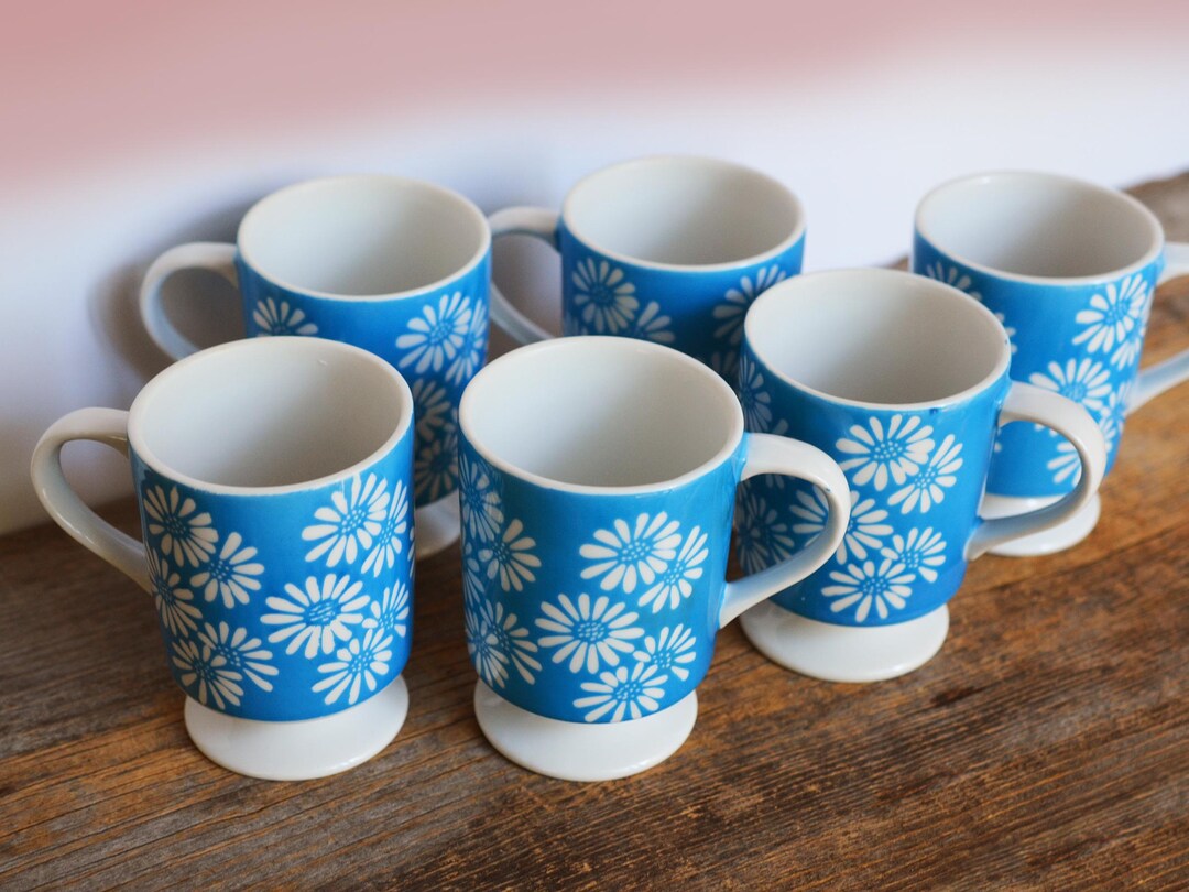 Vintage Blue Daisy Pedestal Mugs, Made in Japan Circa 1970s, Set of 6 ...