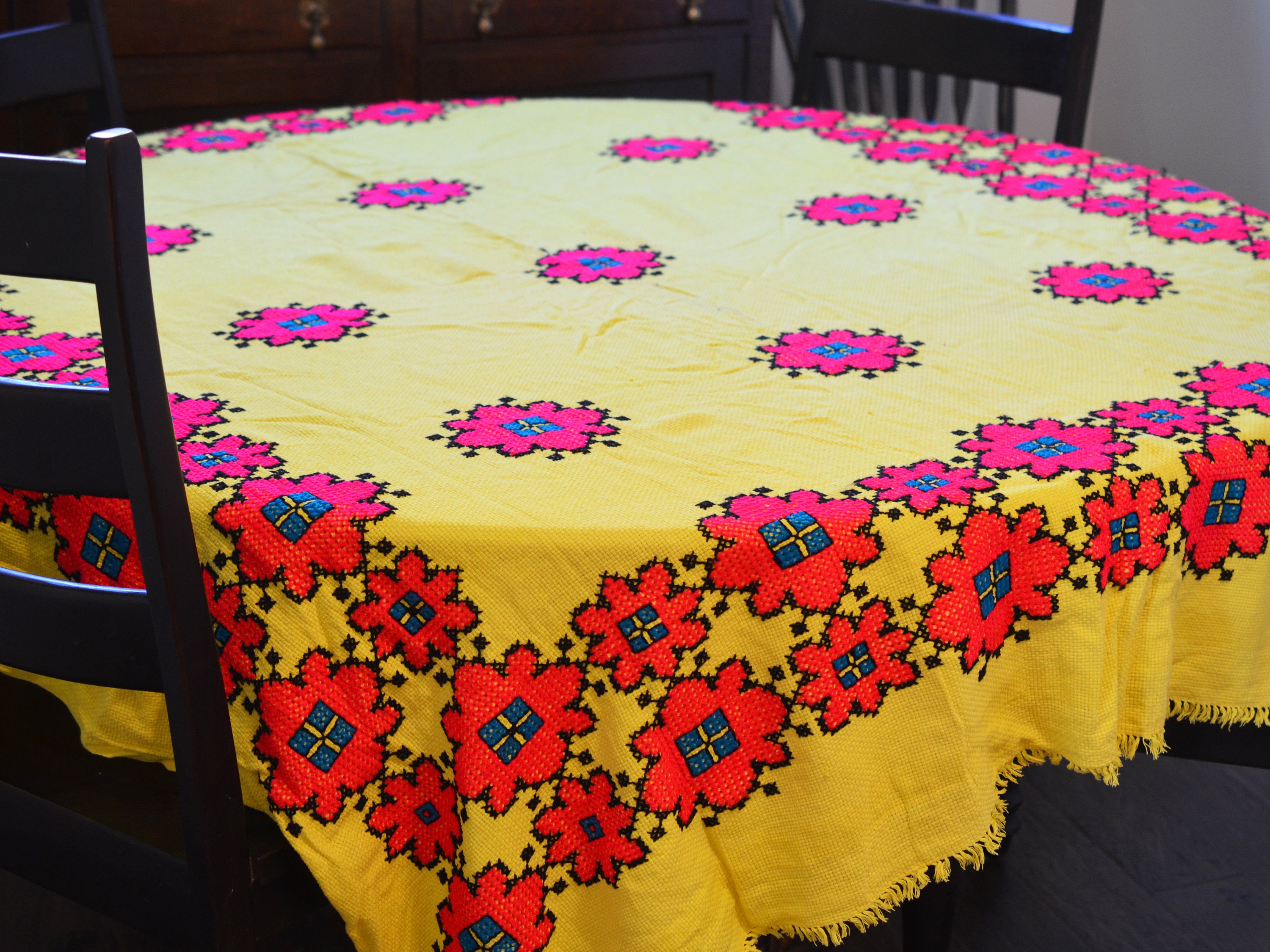 Vintage Swedish Tablecloth, Cross-stitch Floral Flags, 82" Square, Boho ...