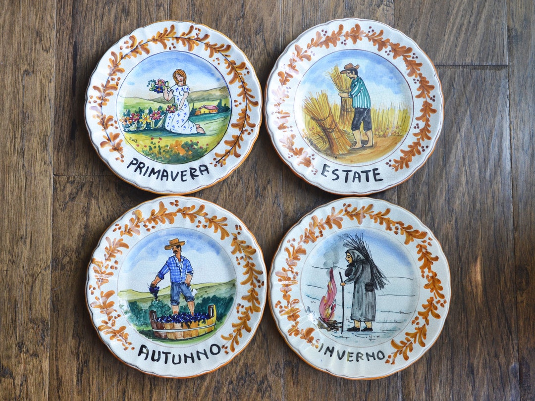 Vintage Italian Hand-painted Seasonal Wall Plates, Signed Fusco Amalfi ...