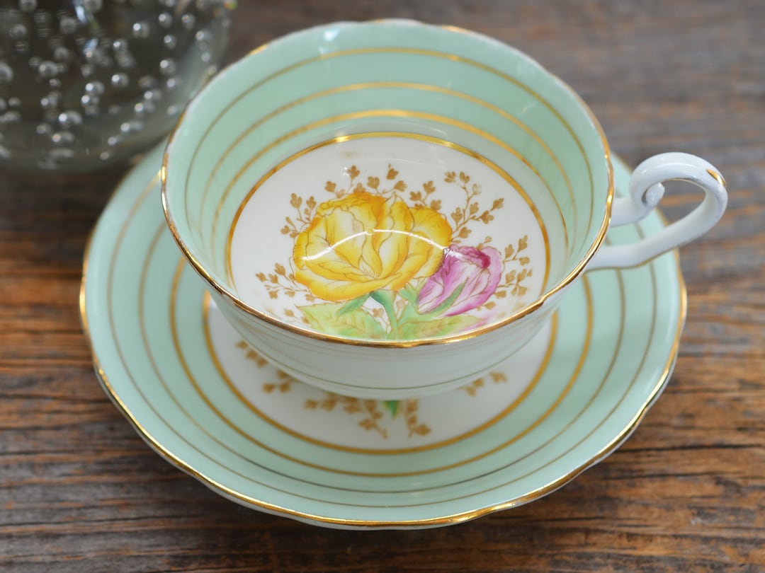 Vintage Victoria Bone China Pale Green Tea Cup and Saucer, Cabinet Duo ...