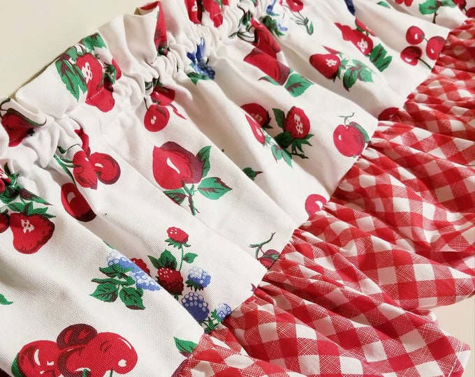 Vintage Kitchen Window Valance, Strawberry Cherry Apple Fruit Red ...