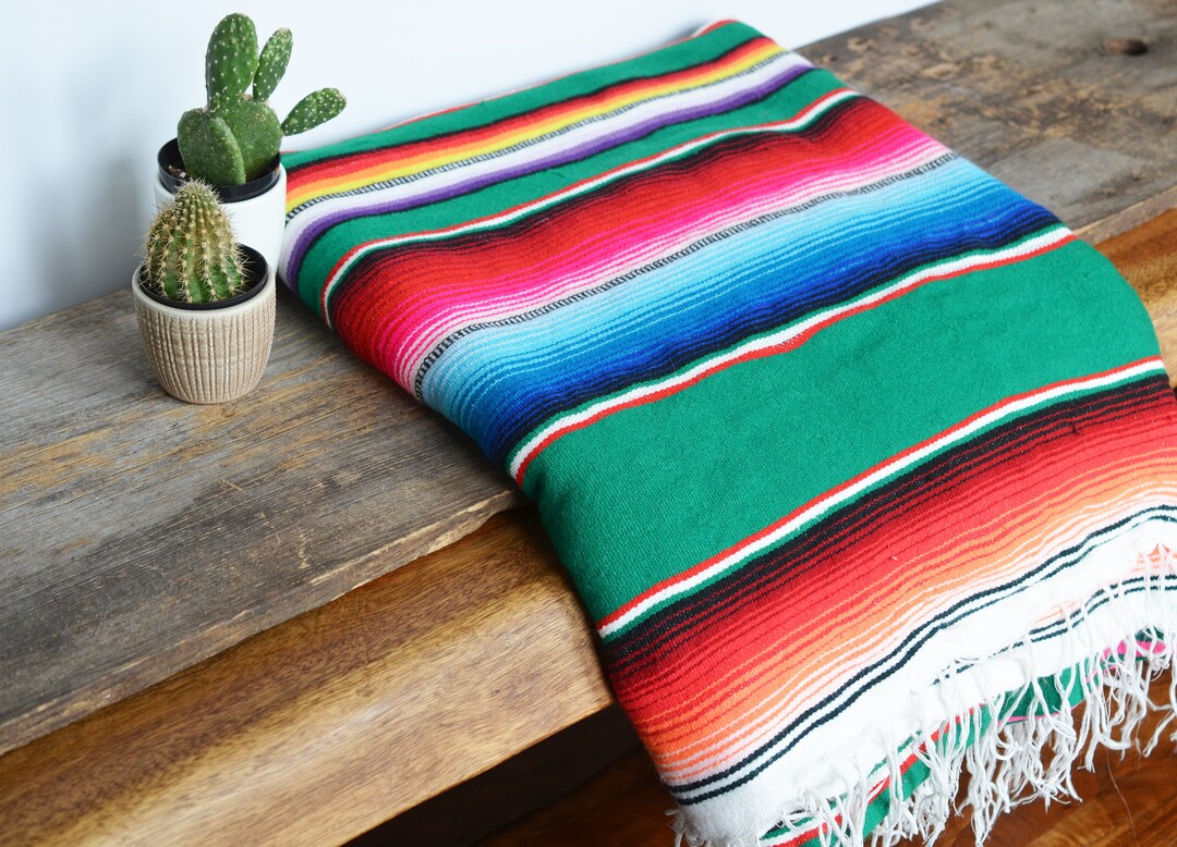 Vintage Mexican Serape Blanket, 84" by 58" Large Multi-colored Baja ...