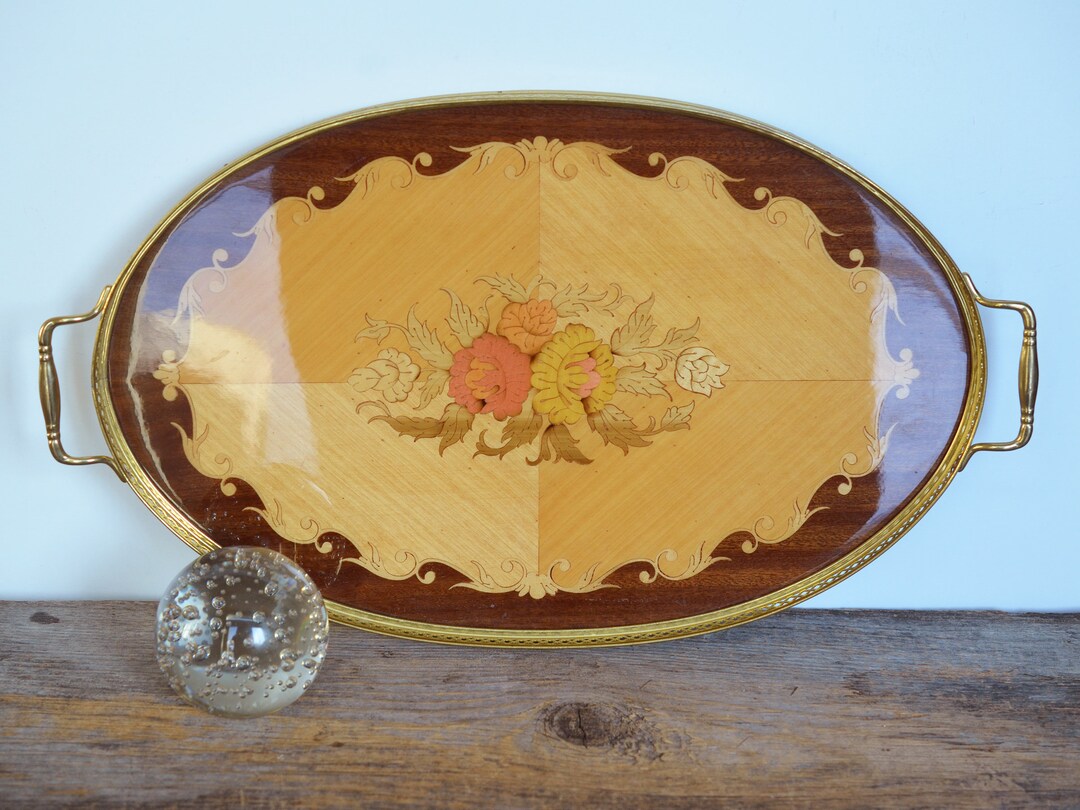 Vintage Italian Inlaid Wooden Tray Circa 1970s, Brass Reticulated Edges ...