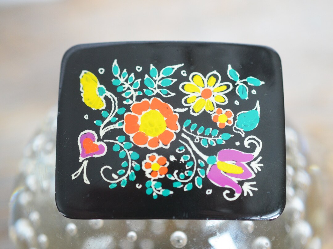 Vintage West German Brooch, Black Enameled Metal With Hand-painted ...