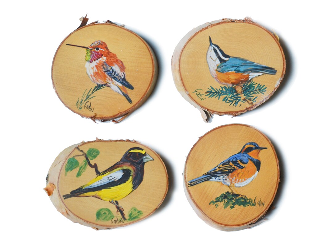 Vintage Hand-painted Birds on Wood Slice Wall Hangings, Set of 4 ...