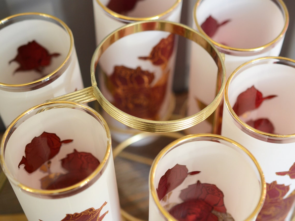 Vintage Fred Press Barware Frosted Roses Cocktail Set with | Etsy