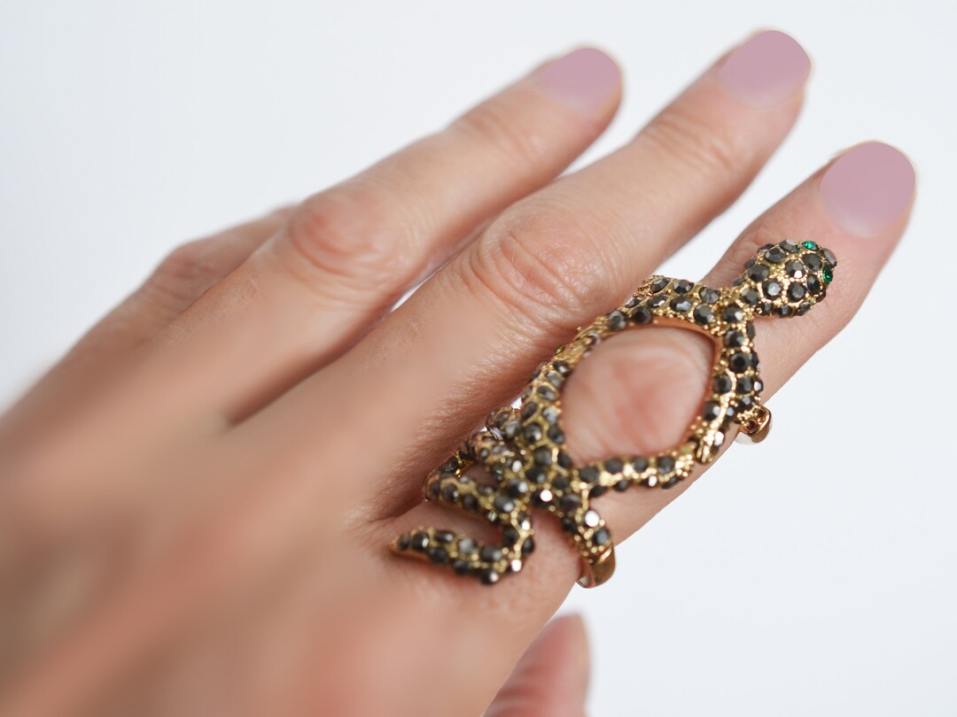 Vintage Snake Knuckle Ring, Obsidian and Rhinestone on Gold Metal ...