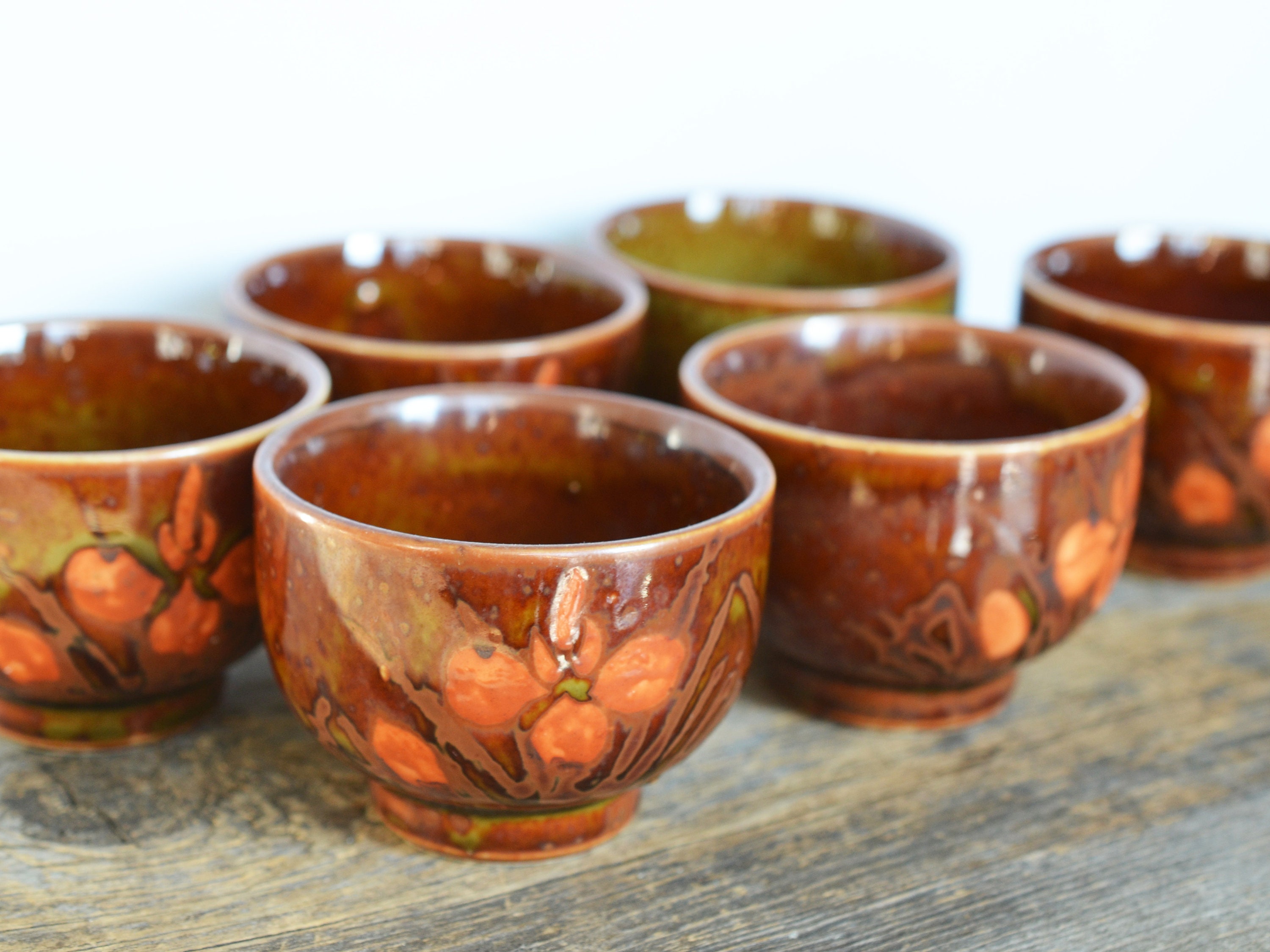 Vintage Pottery Green Tea Cups Set of 6 Amber Glaze Floral | Etsy