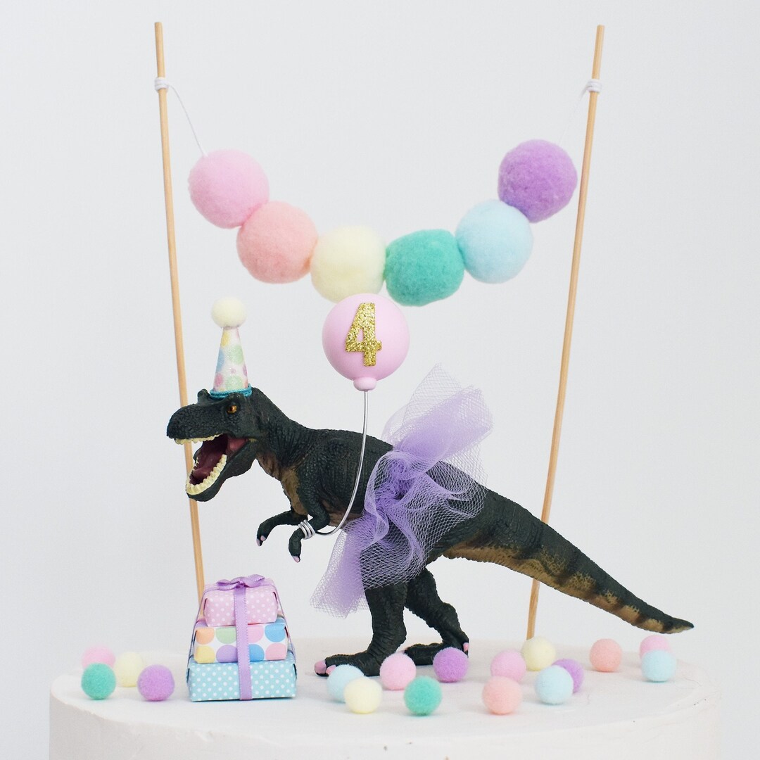 Girl Dinosaur Cake Topper Pastel Rainbow With Party Hat and Tutu, Girly ...